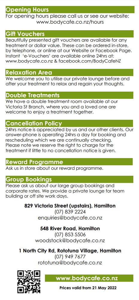 Body Cafe menu